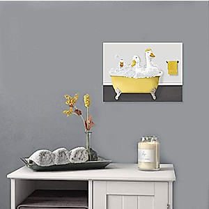 Genius Decor- Modern Funny Wall Art for Bathroom Yellow Gray Three Gooses in Bathtub Picture Print Canvas Decor (Ducks)