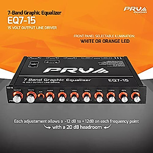 PRV AUDIO EQ7-15 7 Band Graphic Equalizer 15 Volt RCA Line-Level Output with Fader and Subwoofer Level Control for Car Audio