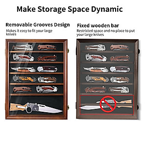 ASmileIndeep Pocket Knife Display Case 7 Rows Lockable Wooden Knife Shadow Box with HD Tempered Glass, Military Folding Knife Cabinet Stand for Wall with Removable Shelves, Walnut