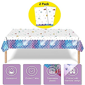 UOMNICUE Mermaid Tablecloth 2PCS Mermaid Theme Birthday Tablecloth Mermaid Disposable Plastic Tablecloth Party Supplies for Kids Girls Birthday Party Decorations Baby Shower 52X87 in