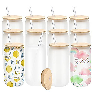 WHEATHUSK 12 Pack Sublimation Glass Cans Frosted 16oz Blanks Beer Can Borosilicate Glasses Tumbler with Bamboo Lids and Straws for Beer, Juice, Soda, Iced Coffee, Drinks (12)