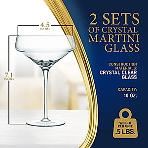 2 Sets of Crystal Martini Glass, Ultra Clear, Elegant Crystal Clear Wine Glass Pair, 100% Hand Blown, Dishwasher Safe, Great For Dinner, Parties, Wedding, And ELEGANT Occasions