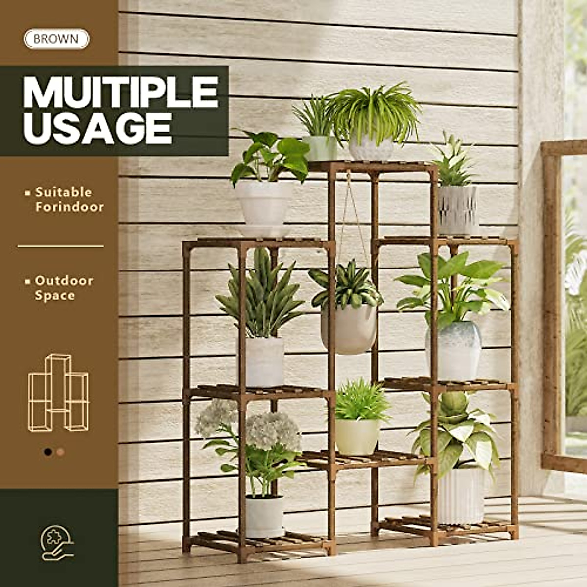 Bamworld Hanging Plant Stand Indoor Large Plant Shelf Outdoor Plant Rack Wooden Tiered Plant Holder for Multiple Plants for Window Garden Balcony Patio Living Room