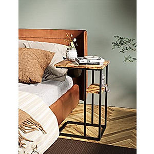 Innerjoin 2 Shelves C Side Table with Metal Frame, C Shaped End Table, TV Tray Table for Couch, Sofa Table for Living Room Bedroom, Bedside Table, Rustic Vintage Style, Brown