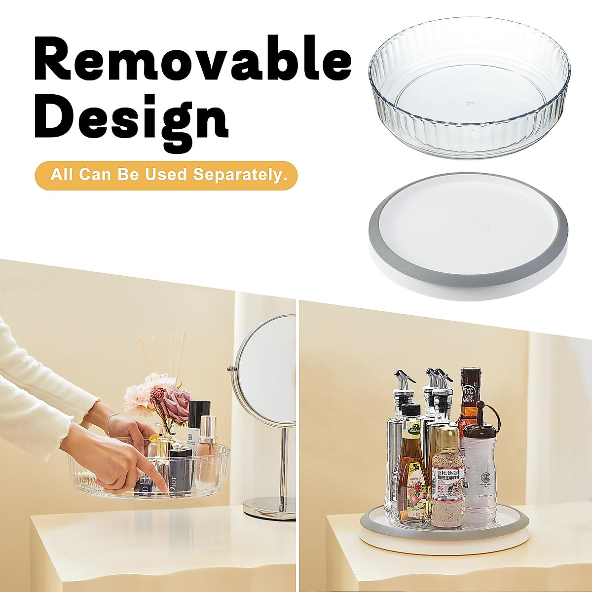 Lazy Susan Turntable for Cabinet Organizer, Bathroom Organizer Countertop, Spinning Makeup Perfume Organizer, Removable Design Organization, 360° Rotating Trays Storage (Clear)
