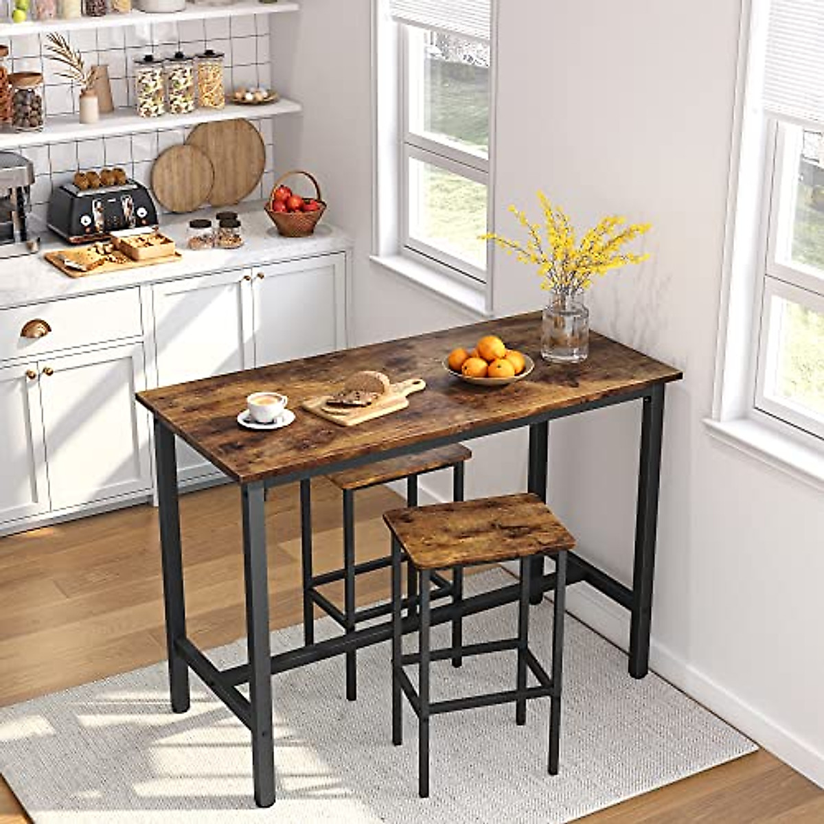 Mr IRONSTONE Bar Table and Chairs Set, 47.2 Inch Bar Table Set, Bar Height Table with 2 Bar Stools, 3 Pieces Industrial Dinning Table Sets for Party, Kitchen, Living Room, Dining Room