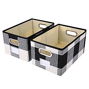 ANMINY 2PCS Storage Bins Set Cotton Linen Fabric Open Storage Basket Box Foldable Washable Rectangular Cube Organizer with Handles Label Window Pocket Thick PP Plastic Board - Medium, Black Plaid