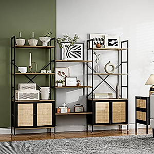 IKIFLY Triple Wide 4-Tier Bookshelf, Bookcase with 4 Doors Rattan Storage Cabinet, Industrial Storage Cabinet w/Open Display Shelf, Wood and Metal Bookshelf in Office, Living Room, Study, Bedroom