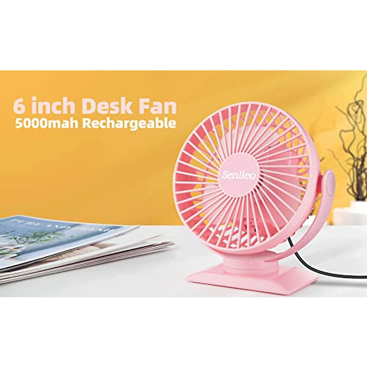Senlleo 6 inch Rechargeable Desk Fan, 5000mah Portable Battery Fan, 3 Speeds, 720° Rotation, 8-30Hours Work, Removable Fan Cover, Battery Powered Personal Quiet Fan - Pink