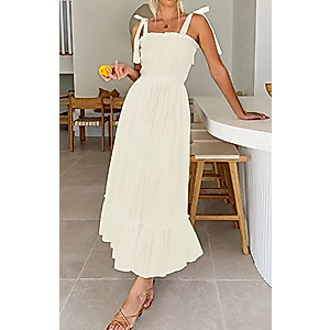 ZESICA Women's 2023 Summer Boho Spaghetti Strap Square Neck Solid Color Ruffle A Line Beach Long Maxi Dress,Apricot,Small