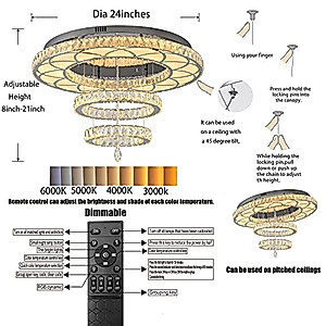W24'' Modern Crystal Chandeliers Living Room Crystal Ceiling Chandeliers Crystal 3 Ring Pendant light Chandeliers Dining Round Fixture Bedroom Empire Remote Dimmable LED (3000K-6000K) Fixtures