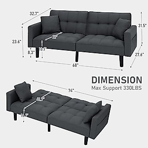 AVAWING Futon Sofa Bed, Modern Linen Fabric Convertible Upholstered Couch with Adjustable Back, Arms and High Strength Nylon Legs for Living Room, Apartment, Office (Grey)