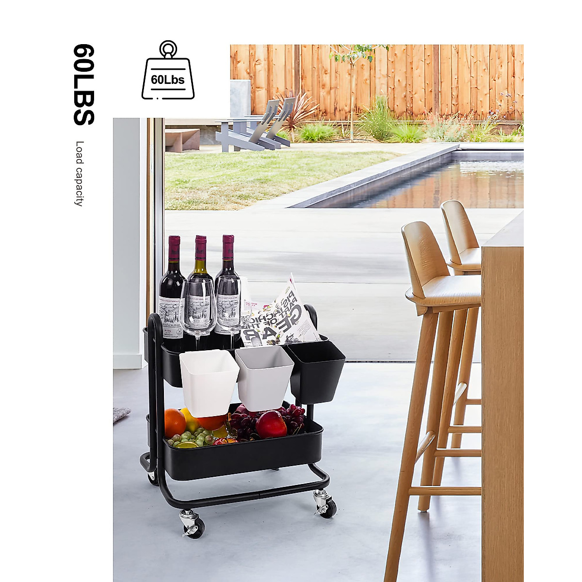 2-Tier Rolling Cart with Wheels, G-Hemobel Metal Utility Cart with 3 Hanging Cups and 2 Lockable Wheels, Organizer Cart with Multi-Functional Storage, Black