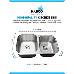 KABCO 32 Inch Stainless Steel 60/40 Double Unequal Bowl Classic Kitchen Sink Only, Extra Thick 16 Gauge Undermount Rust Resistant, Sound and Heatproof Sink