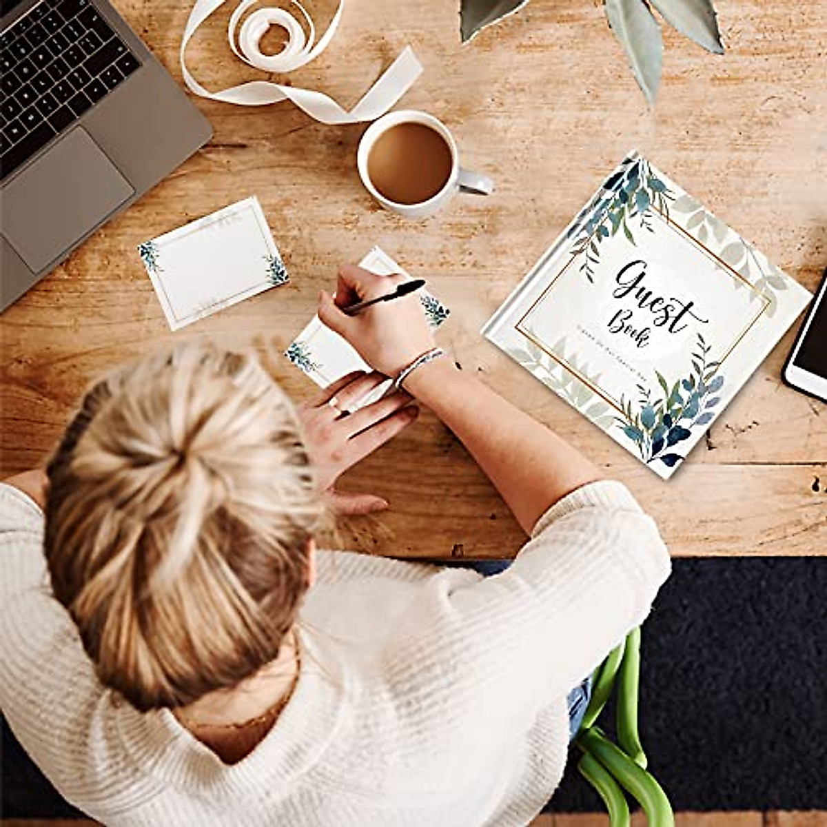 Guest Book Wedding Reception, Hardcover Decorative Guestbook, Alternative Sign in, Blank Pages Personal Messages, Decorative Book for Home, Includes Pen, Instructional Sign, and 10 Tent Cards.