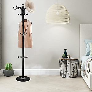 Sifenma Vertical Metal Coat Rack Stand with Marble Base, Clothes Tree, 15 Hooks for Hanging Coats, Jackets, Bags, Home Entrance Hat Hanger Organizer, Umbrella Tree, Freestanding Hall Tree(Black)