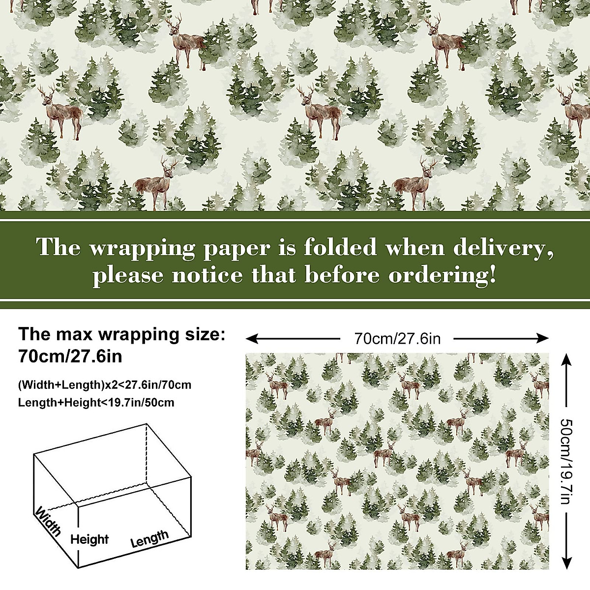 AnyDesign 12 Sheet Forest Theme Wrapping Paper Watercolor Woodland Gift Wrap Paper Bulk Green Tree Elk Art Paper for Birthday Wedding Baby Shower DIY Crafts Gift Packing, 19.7 x 27.6, Folded Flat