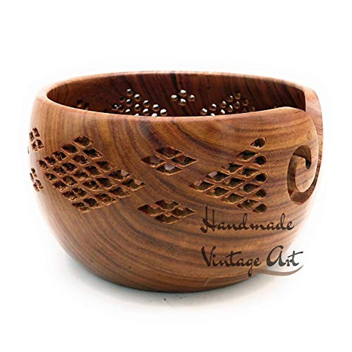 Handmade Sheesham Wood Crafted Wooden Yarn Storage Bowl with Carved Holes & Drills, Knitting Crochet Accessories, 7 x 7 x 4 inches