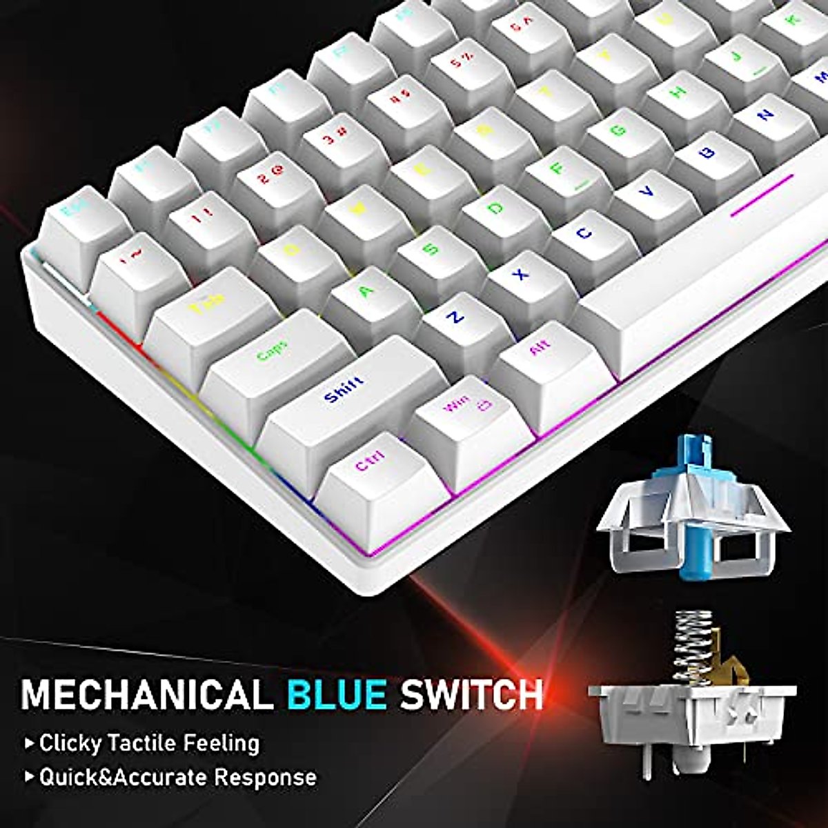 Mechanical Gaming Keyboard and Mouse Combo with 20 Rainbow Backlight 84 Key Anti-ghosting Ergonomic Waterproof Type-C Wired 2400 DPI Honeycomb Mice for PC Mac Gamer Computer Typist(White/Blue Switch)
