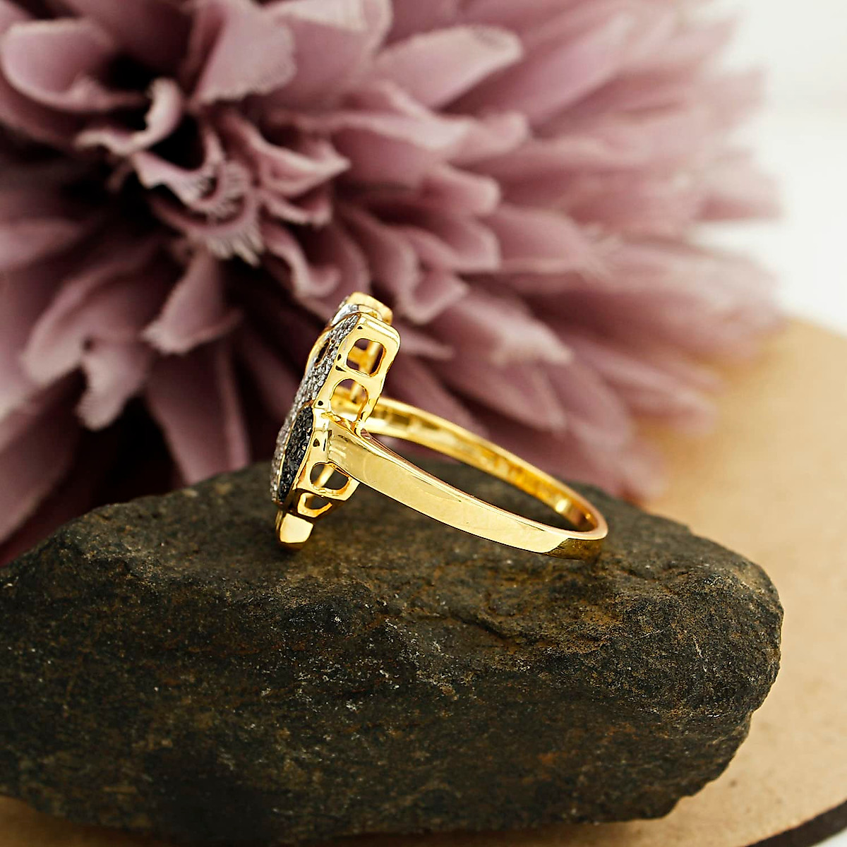 AFFY 1/4 Carat Round Cut Black And White Natural Diamond Owl Ring In 14K Yellow Gold Over Sterling Silver (0.25 Cttw, I2-I3 Clarity) Ring Size-8