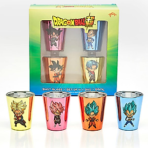 JUST FUNKY Dragon Ball Super Mini Glass Set | 2 Oz Shot Glasses Set of 4 | Featuring Trunks, Goku Black, Goku, and Vegeta Including their Super forms | Officially Licensed