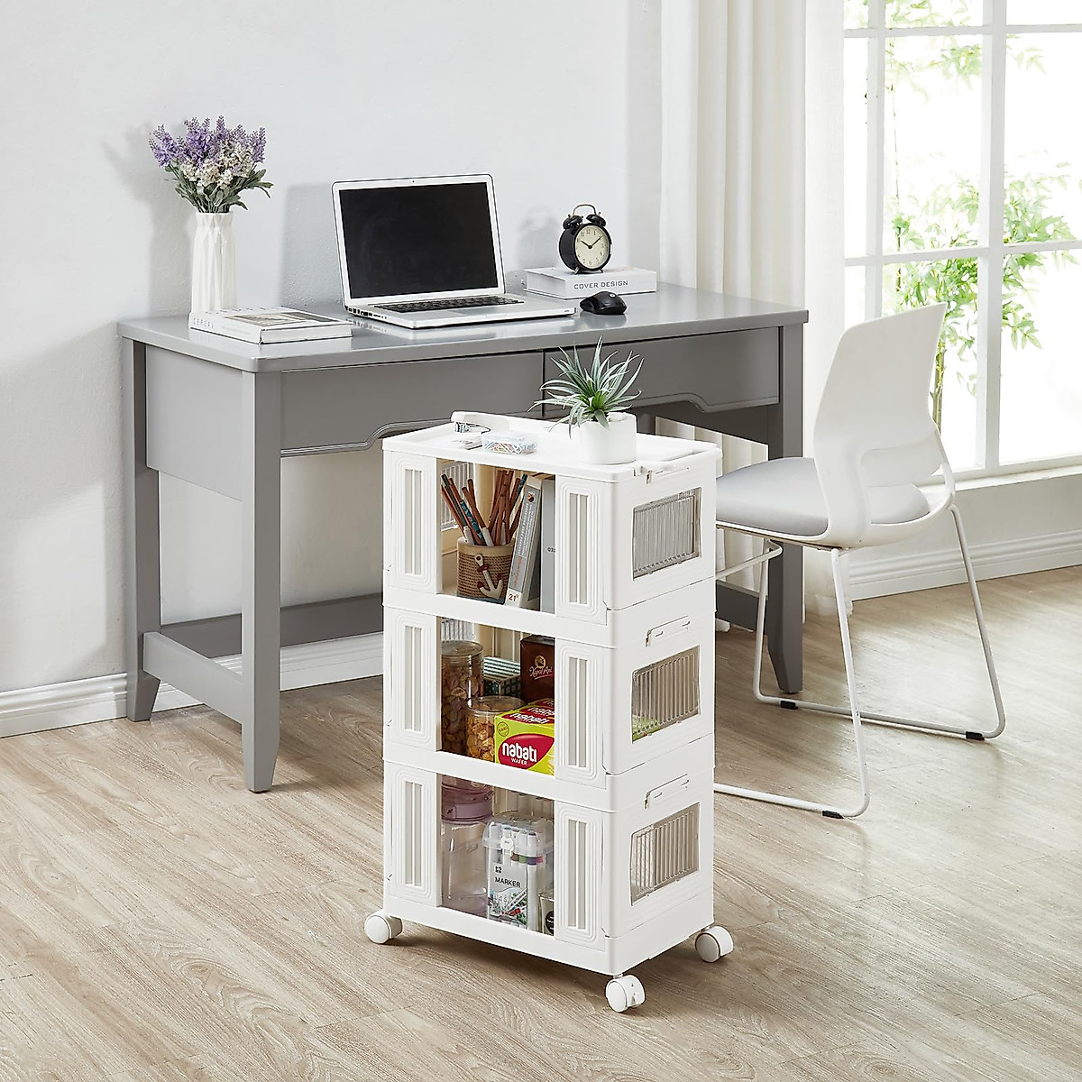 Bagnizer 76qt Plastic Storage Container, No Door 3 Tier Stackable Folding Storage Bin with Lid, Collapsible Storage Box with Wheels for Bedroom, Living Room, Office, Off White, 16 x 10 x 29”