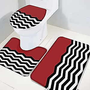 3 Piece Set Bathroom Rugs for, Red Black and White Chevron Bath Mat Non-Slip Memory Foam U-Shape Contour Rug Toilet Lid Cover, Washable Absorbent Bath Rugs for Tub Shower 18"x30"+14"x 18"+15"x 18"