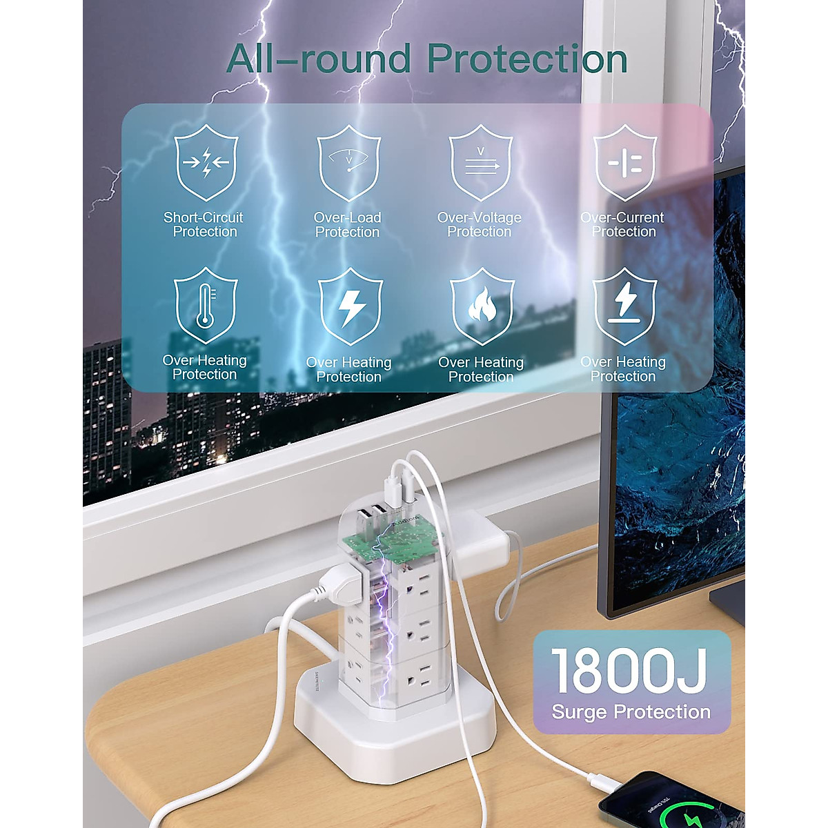 Power Strip Tower Surge Protector - 10 FT Extension Cord with Multiple Outlets, 12 Outlets 4 USB Ports Electric Power Tower, Flat Plug, Desktop Charging Station for Office Home Dorm Essentials White