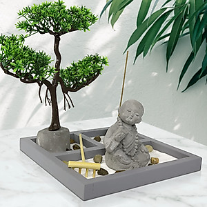 Gray Mini Japanese Zen Sand Garden Set with Incense Holder, Calming Bonsai and Miniature Buddha Statue - Zen Decor for Relaxation and Meditation - Home Decor, Office Accessory, Gift Set