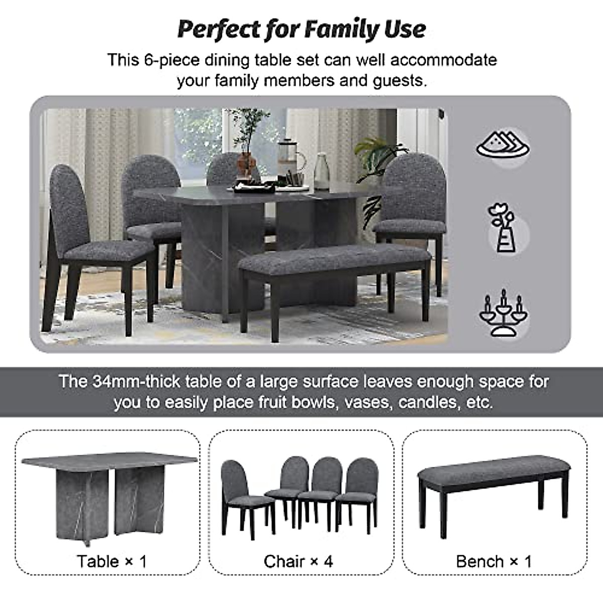 LIADTOP Se 6-Piece, Modern Style Faux Marble 4 Upholstered 1 Bench, Chairs for 6,Gray, Kitchen Dining Table Set
