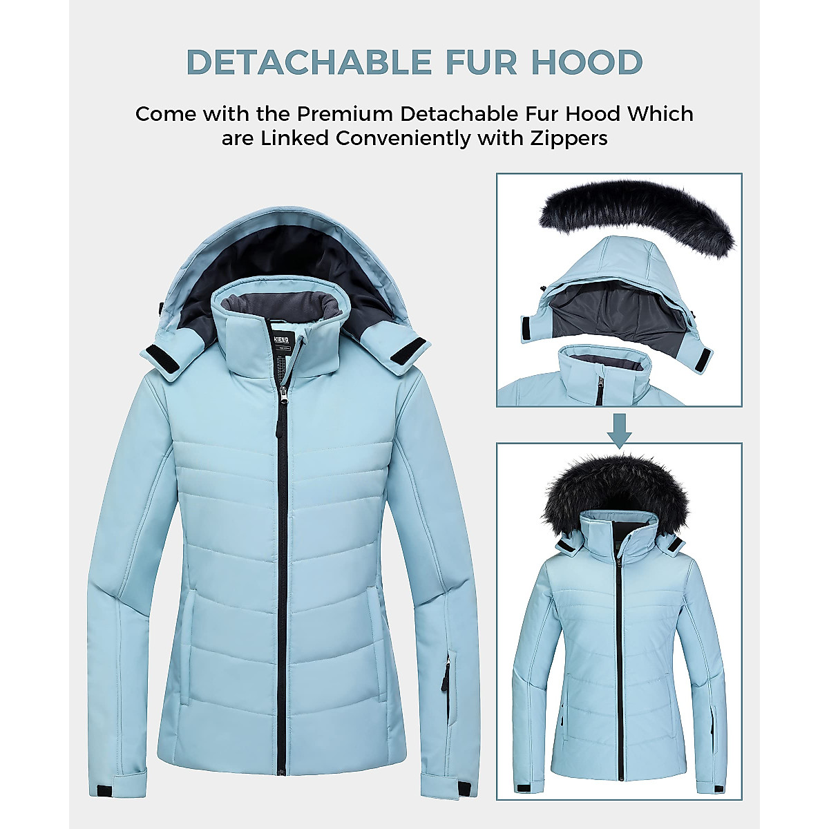 Skieer Women's Ski Jacket Waterproof Windproof Snowboard Coat with Removable Faux Fur Hood(Blue,Small)