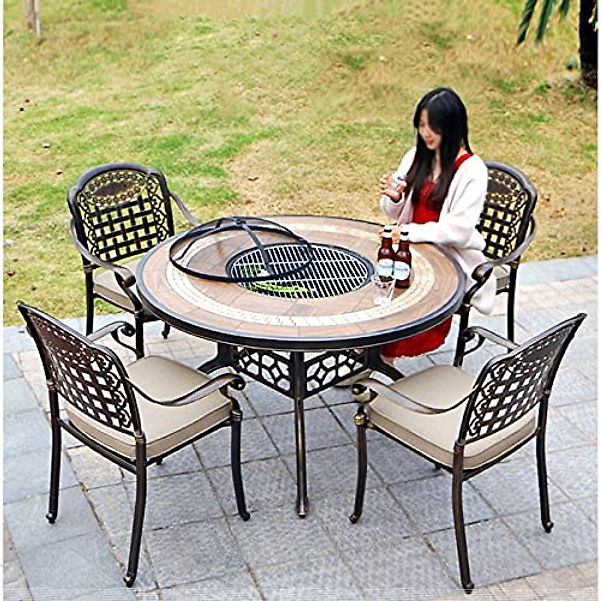 QHYXT Outdoor Fire Pit 122cm/48 Garden Grill Table - Wood Burning Fire Pit, Aluminum Round Indoor and Outdoor Table and Chair Set-with 4 Chairs, Suitable for Garden Terrac