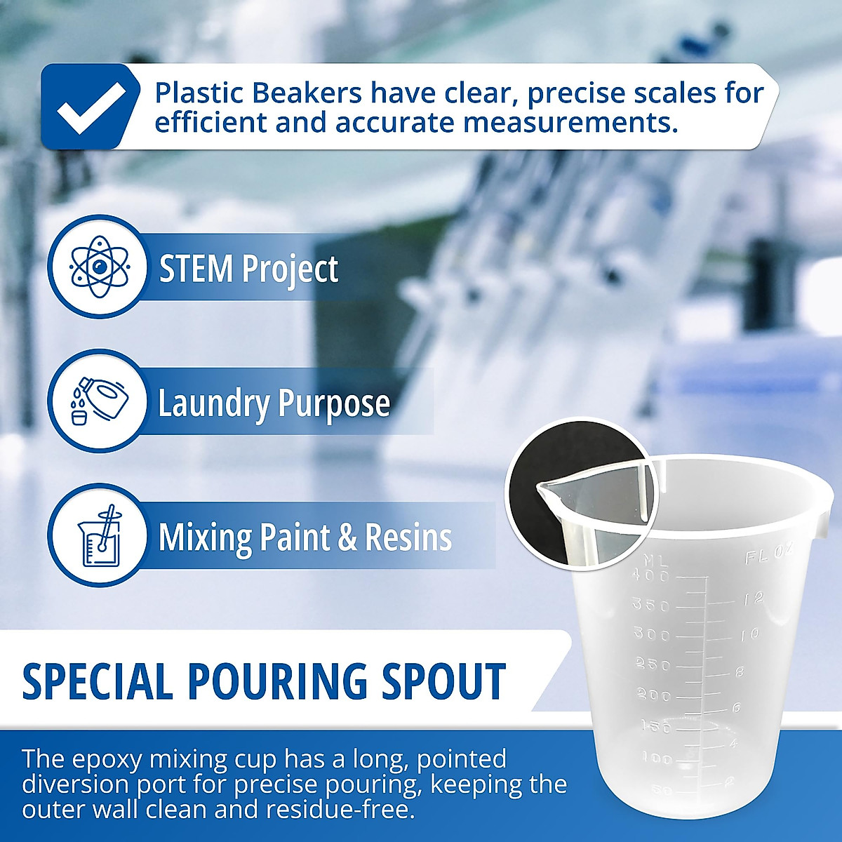Plastic Beaker 400ml / 13.5 oz Set of 50 by Maryland Plastics – Clear Graduated Disposable Beakers with Pour Spout – Ideal for Resin Mixing, Science Labs, and Home Use