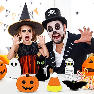 6 Pcs Halloween Wooden Decor Halloween Tiered Tray Decorations Pumpkin Ghost Bat Black Cat Mummy Candy Corn Table Signs Rustic Farmhouse Table Centerpiece for Halloween Party Home Shelf Decor