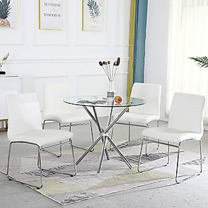 Modern Round Dining Table with Clear Tempered Glass Top, 4 Chrome Legs Kitchen Table for 2 or 4 Person,Round Dining Table Furniture for Home Office Kitchen Dining Room(W 35.4 x L 35.4 x H 29.5 inch)