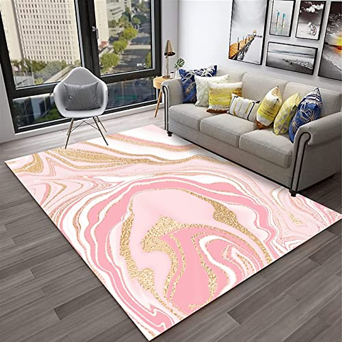 Pink Gold Marble Abstract Art 3D Print Area Rug, Living Room Decor Rug Fluffy Soft Machine Washable Breathable Durable for Hotel Home Decor Doormat Entrance Hall Yoga Room Patio,5ft x 6ft