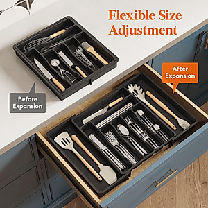 Lifewit Silverware Drawer Organizer, Expandable Utensil Organizer for Kitchen Drawers, Adjustable Cutlery and Flatware Tray, Plastic Spoons Forks Knives Holder Storage Dividers, Large, Black