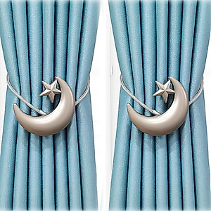 JINDIN Magnetic Star Moon Curtain Tiebacks, Curtain Tie Backs 2 Pack, Moon Star Curtain Holdbacks, Magnetic Weave Rope Curtain Buckle Hooks Clip for Home Office Decorative Curtain (Silver)