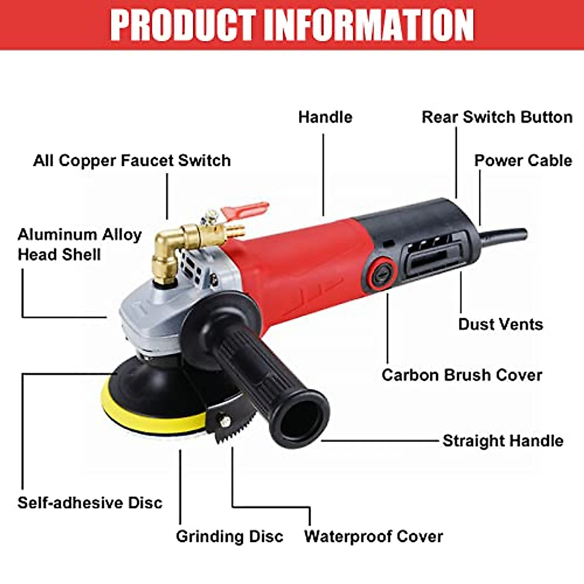 Ganggend Wet Polisher with 4'' Diamond Polishing Pad Tools Kit, Variable Speeds, 860W/110V Wet Buffer, Low-noise Buffing Machine for Concrete / Stone Countertop, Floor Surface, Marble, Ceramic Tile