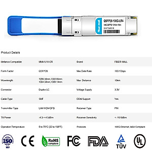 100G QSFP28 LR4 for Mellanox MMA1L10-CR, 100GBASE-LR4 QSFP28 Optical Transceiver Module,1310nm 10km LAN WDM LC SMF DOM