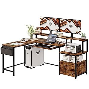 IRONCK L Shaped Computer Desk, 66" Corner Desk with Power Outlet, File Drawer, Keyboard Tray, Riser Monitor Shelf and Storage Bag, Study Writing Table Workstation for Home Office, Vintage Brown