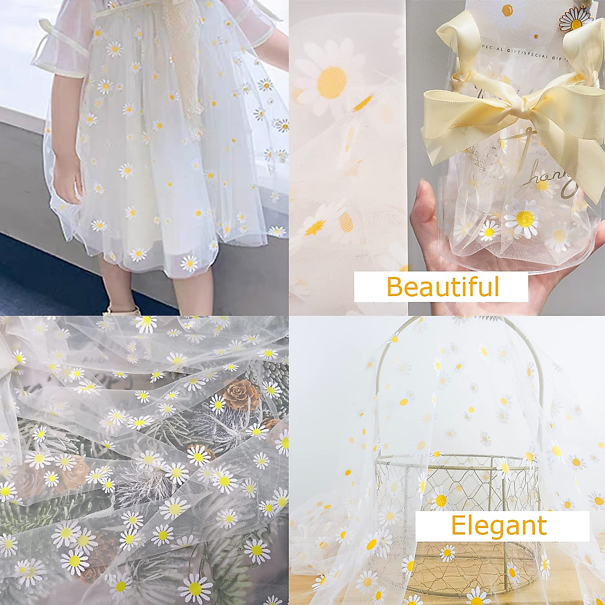 Honbay 1.6 x 2yard Daisy Tulle Net Yarn for Background Decoration or DIY Crafts Making