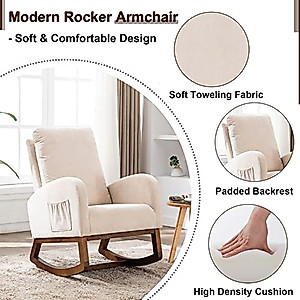 Antetek Modern Accent Rocking Chair, Upholstered Nursery Glider Rocker for Baby and Kids, Comfy Armchair with Side Pocket, Living Room Lounge Arm Chair with High Backrest (Beige)