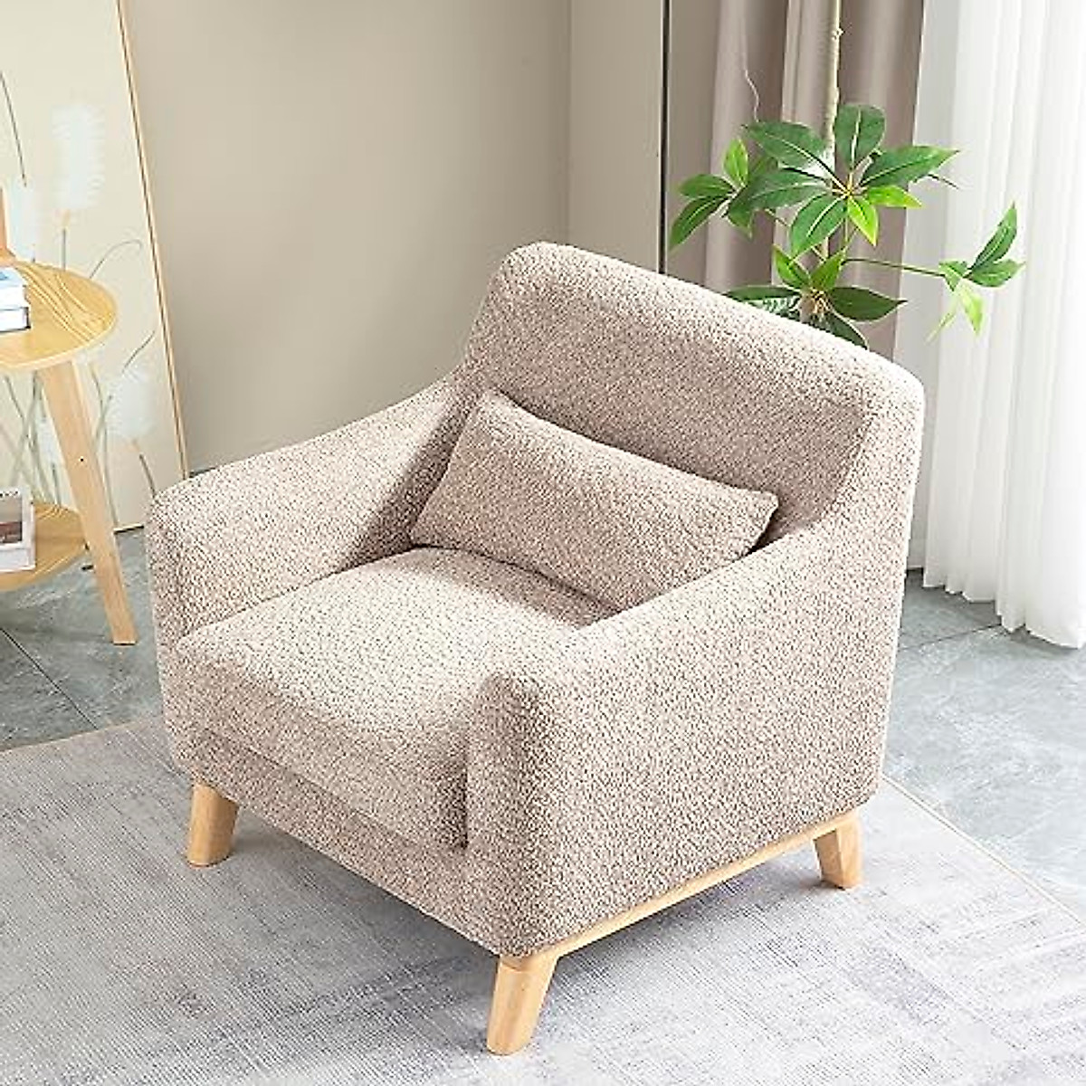 Living Room Single Sofa Chair,Modern Upholstered Teddy Sherpa Fabric Upholstery Accent Arm Chair,Comfy Reading Lounge Tub Barrel Club Arm Chair for Bedroom Small Spaces,Tufted Decorative,Lumbar Pillow