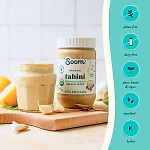 Soom Foods Organic Tahini 16oz (2 Pack) | Roasted & Ground Sesame Seed Paste | Creamy Texture for Hummus, Sauces, Dips, Salad Dressings | Vegan, Peanut-Free, Nut-Free, Gluten-Free, Dairy-Free, Keto, Paleo, Kosher | All-Natural