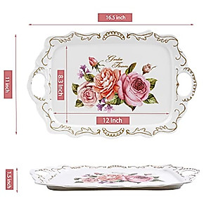 Nicunom 3 Pack Serving Trays with Handles, Melamine Stackable Serving Platter BPA-Free Rectangle Food Tray Set with Flower Pattern for Home, Parties and Restaurants, Safe for Dishwashe