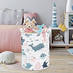 Clastyle 45L Marine Animals Bubbles Kid Laundry Basket with Lid Foldable Sea Shark Mermaid Dirty Clothes Hamper Round Toy Clothes Pool Beach Towel Basket