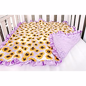 Top Tots Baby Blanket - Small Sunflowers with Purple Minky Dot & Satin Ruffle, 31 x 31 Inch Yellow