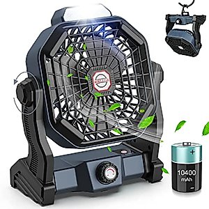 SISMEL Camping Fan Rechargeable, 10400mAh Battery Operated Fan, Ultra Quiet Fan, USB Battery Powered Tent Fan with LED Light and Hook, Stepless Speed, Ldeal for Camp Tents Emergency BBQ
