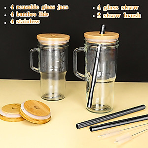 Ensccant 4Pack Glass Tumbler Cups with handle, 22oz Reusable Iced Coffee Cup with Bamboo Lid and Straw - Mason Jar Drinking Glasses for Cocktail, Beer, Smoothie Boba Tea, Juice - Non-slip Cup